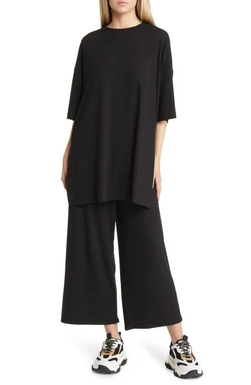 DRESSED IN LALA Ribbed Oversize T-shirt And High Waist Crop Pants Set - Black