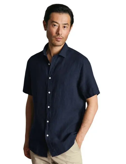CHARLES TYRWHITT Plain Pure Linen Short Sleeve Shirt - Navy