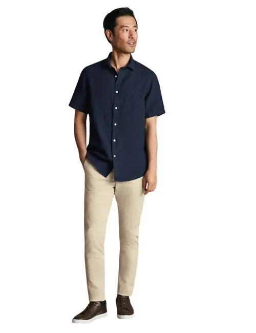 CHARLES TYRWHITT Plain Pure Linen Short Sleeve Shirt - Navy
