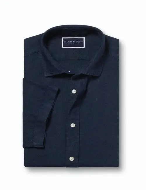 CHARLES TYRWHITT Plain Pure Linen Short Sleeve Shirt - Navy