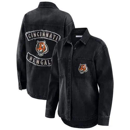 WEAR BY ERIN ANDREWS Cincinnati Bengals Washed Oversized Denim Full-snap Shacket - Black