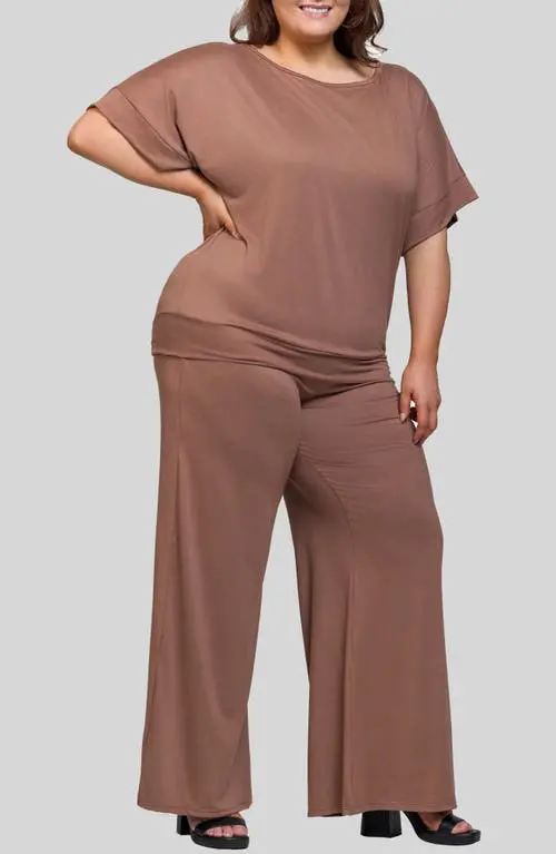 24SEVEN COMFORT APPAREL Boat Neck Top & Wide Leg Pants Set - Mocha