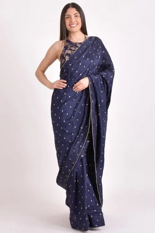 RAAS Jacquard Floral Pre-pleated Saree With Halter Blouse - Navy