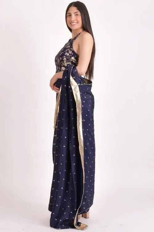 RAAS Jacquard Floral Pre-pleated Saree With Halter Blouse