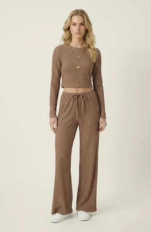 MODENAIRE Ribbed Long Sleeve Crop Top And Wide Leg Lounge Pants Set With Drawstring