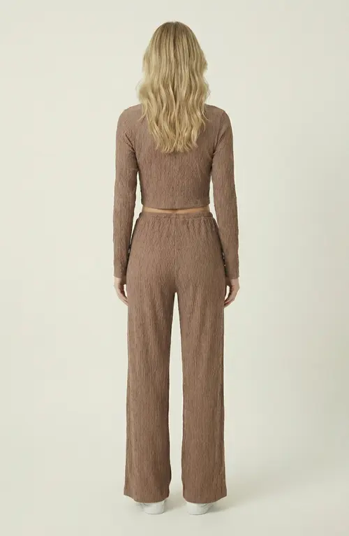 MODENAIRE Ribbed Long Sleeve Crop Top And Wide Leg Lounge Pants Set With Drawstring