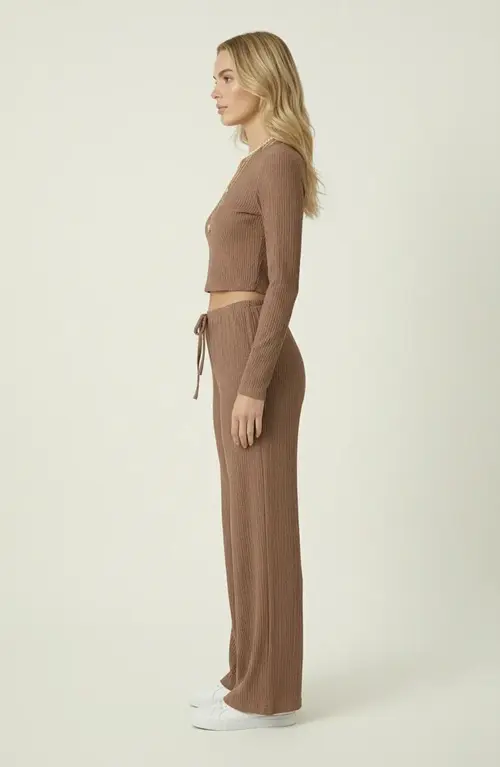 MODENAIRE Ribbed Long Sleeve Crop Top And Wide Leg Lounge Pants Set With Drawstring