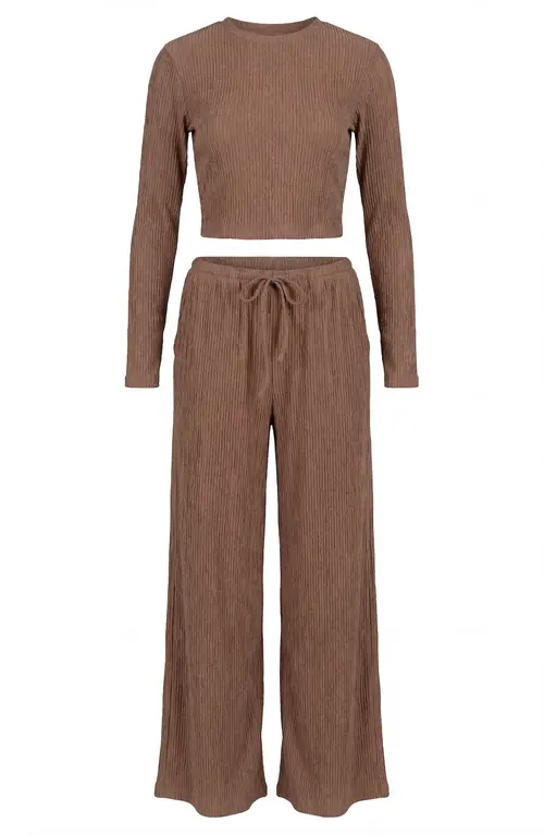 MODENAIRE Ribbed Long Sleeve Crop Top And Wide Leg Lounge Pants Set With Drawstring