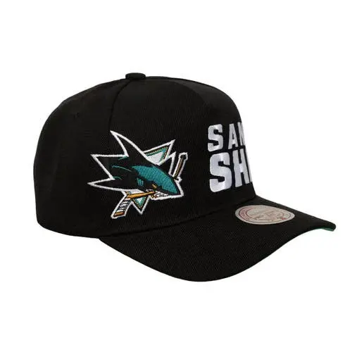 Mitchell & Ness San Jose Sharks Busted Logo Wordmark Wrap-around Pro Pinch Adjustable Hat