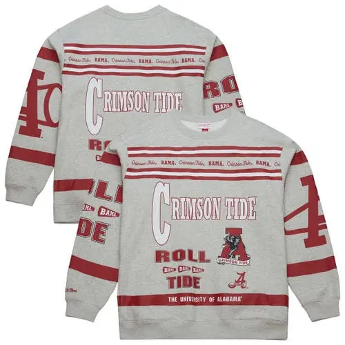 Mitchell & Ness Alabama Crimson Tide All Over Print Fleece Sweatshirt - Heather Gray