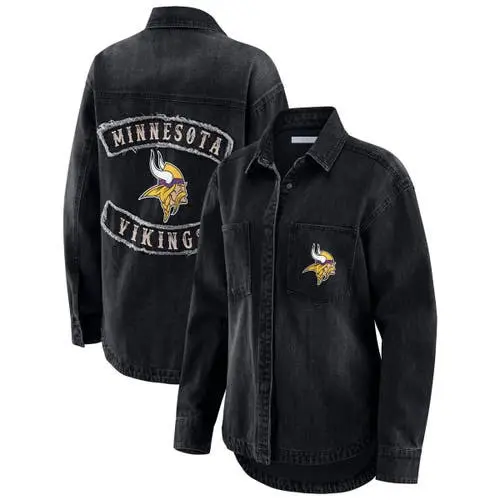WEAR BY ERIN ANDREWS Minnesota Vikings Washed Oversized Denim Full-snap Shacket - Black