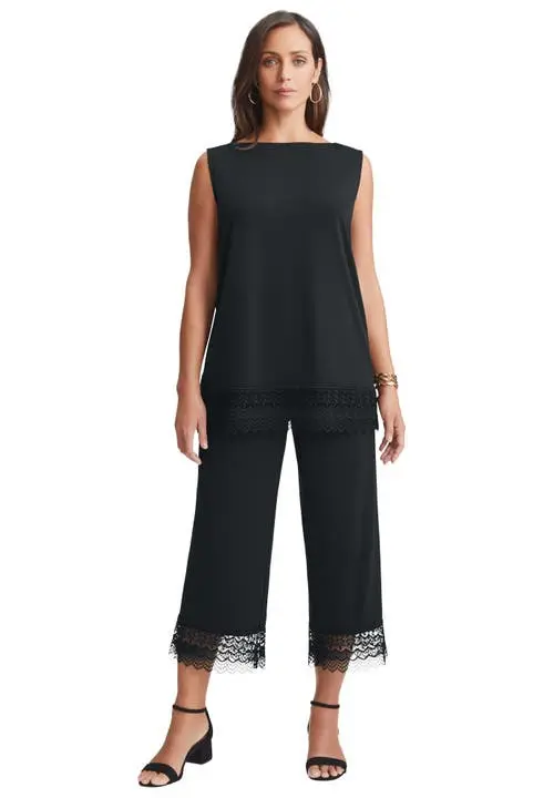 JESSICA LONDON 2-piece Stretch Knit Lace Trim Crop Set - Black