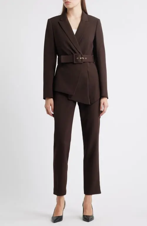 TAHARI ASL Peak Lapel Belted Blazer And Pants Set - Espresso