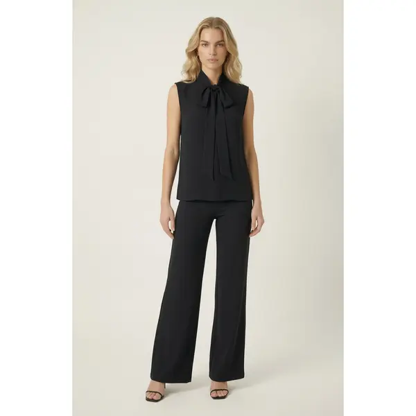 MODENAIRE Sleeveless Tie Neck Blouse And Wide Leg Pant Set - Black