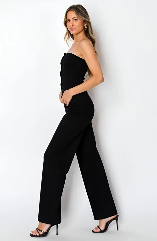 MODENAIRE Strapless Button-front Top And Wide-leg Pants Set With Sleek Silhouette