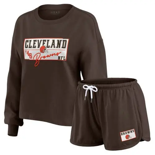 WEAR BY ERIN ANDREWS Cleveland Browns Long Sleeve Rugby Jersey T-shirt And Shorts Set - Brown