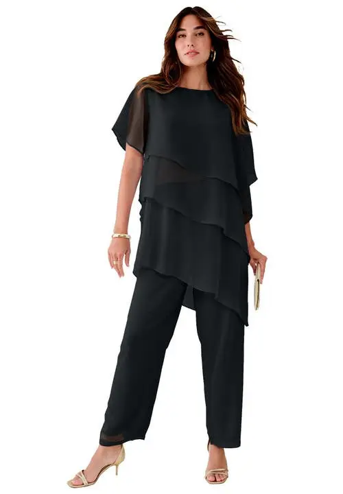 ROAMAN'S Two-piece Tiered Ruffle Top And Pant Set - Black