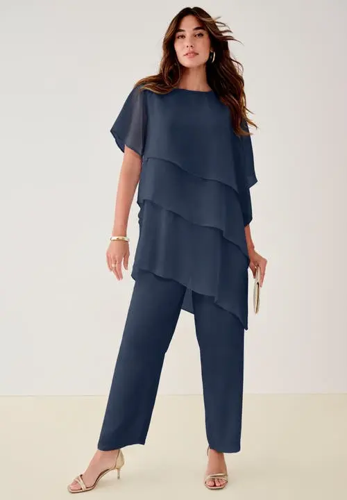ROAMAN'S Two-piece Tiered Ruffle Top And Pant Set - Navy