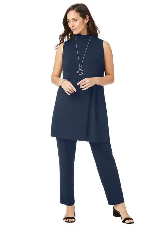 JESSICA LONDON Mock Neck Mega Tunic And Pull-on Bottoms Set - Navy