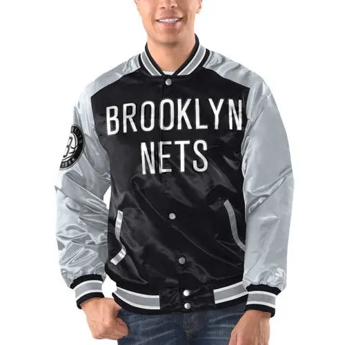 STARTER Silver Brooklyn Nets Renegade Satin Full-snap Varsity Jacket