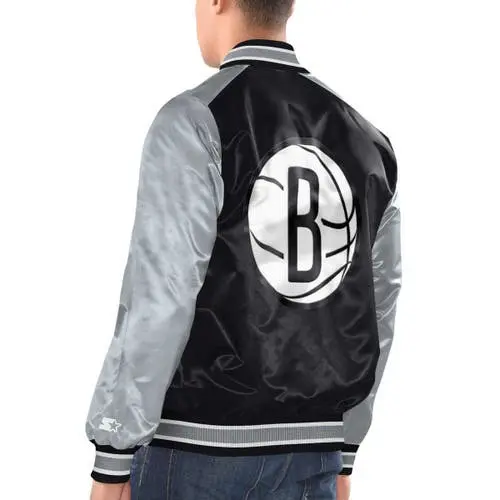 STARTER Silver Brooklyn Nets Renegade Satin Full-snap Varsity Jacket