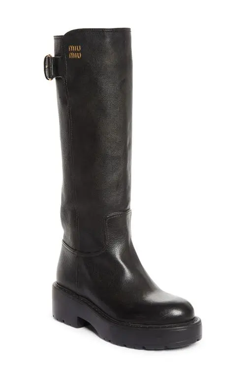 Miu Miu Boyfriend Buckle Knee-high Lug Sole Boots - Nero