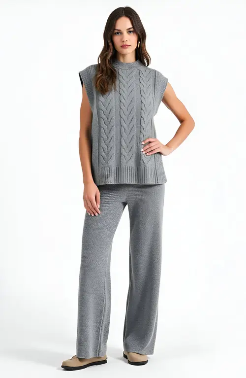 MODENAIRE Cable Knit Cap Sleeve Sweater Vest And Wide Leg Pants Set - Grey