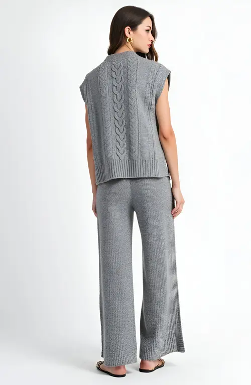 MODENAIRE Cable Knit Cap Sleeve Sweater Vest And Wide Leg Pants Set