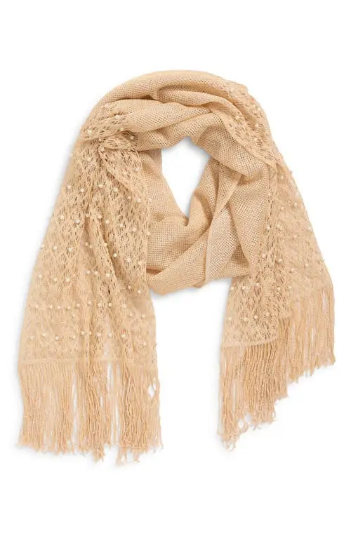 Tasha Mesh Scarf With Fringe & Pearl Beads - Blush