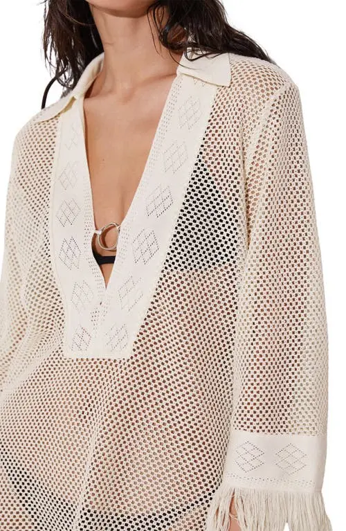 REISS Fabrienne Fringe Long Sleeve Sheer Tunic