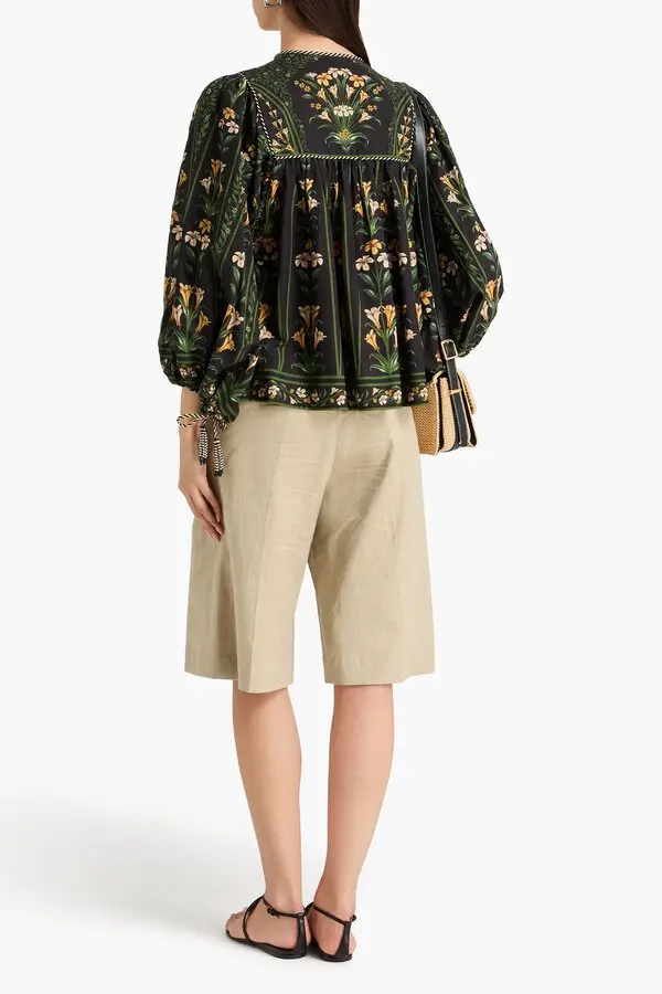 Farm Rio Beadembellished Floralprint Linenblend Blouse