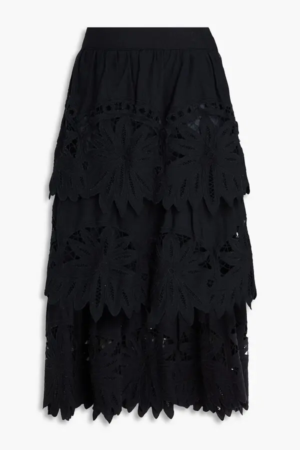 Farm Rio Tiered Guipure Lace Midi Skirt - Black