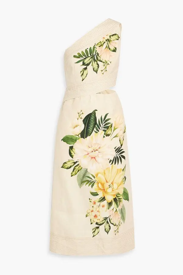 Farm Rio Oneshoulder Cutout Floralprint Linen Midi Dress - Beige