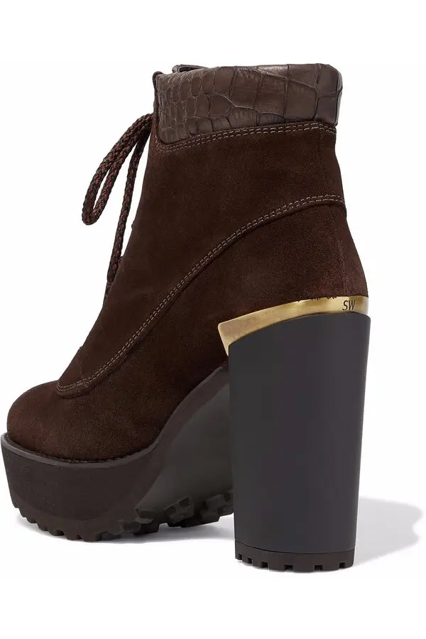 STUART WEITZMAN Nubuck And Croceffect Leather Platform Ankle Boots