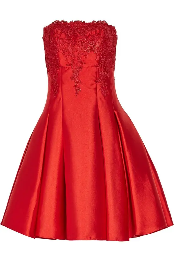 MIKAEL AGHAL Strapless Pleated Lace And Duchesse Satintwill Mini Dress - Red