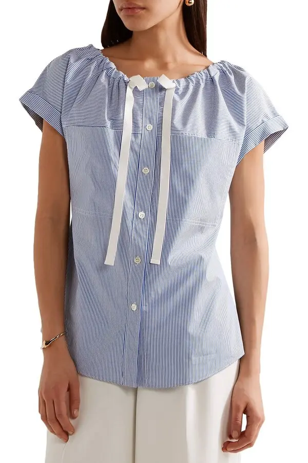 Theory Grosgraintrimmed Striped Cottonpoplin Top