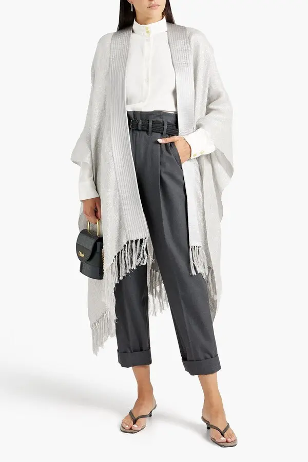 Brunello Cucinelli Fringed Metallic Woven Cape
