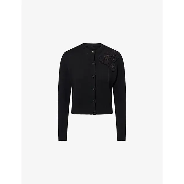 Erdem Floral Embellished Merino Wool Cardigan - Black