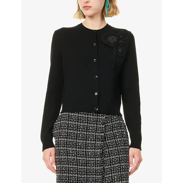 Erdem Floral Embellished Merino Wool Cardigan