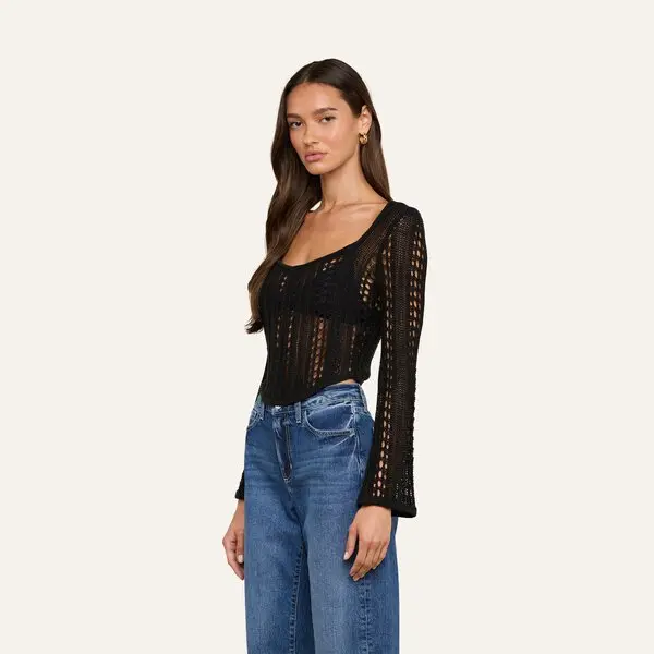 L'Agence Orine Pointelle Knit Top - Black