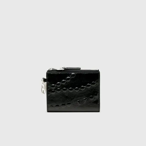 DIESEL® Leather Bi-fold Wallet With Embossed Chain Motif - Black