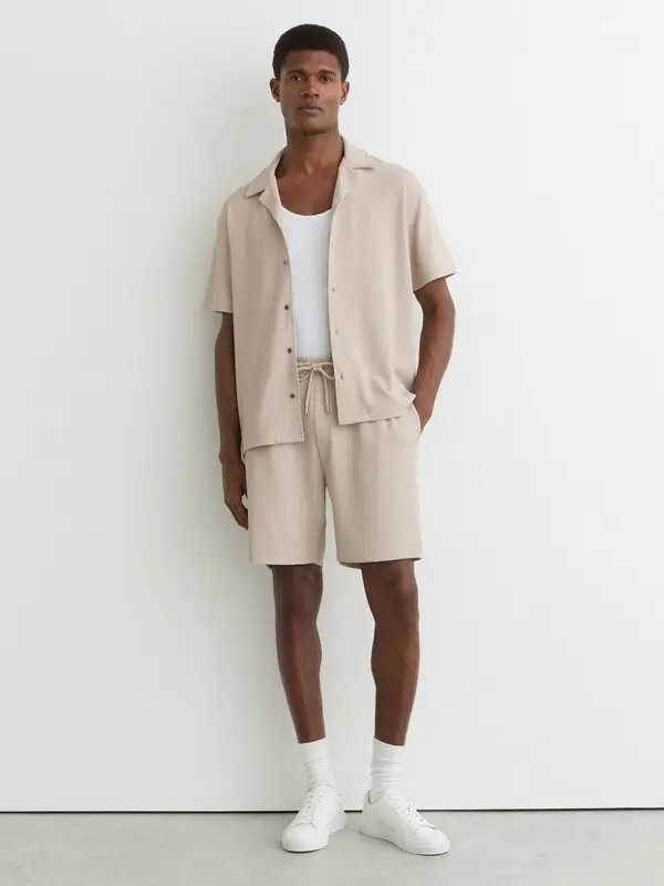 REISS Tavolla Textured Drawstring Shorts - Stone