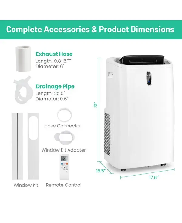 GYMAX 14000 Btu Ashrae Portable Air Conditioner Controlled Wifi Smart App & Remote