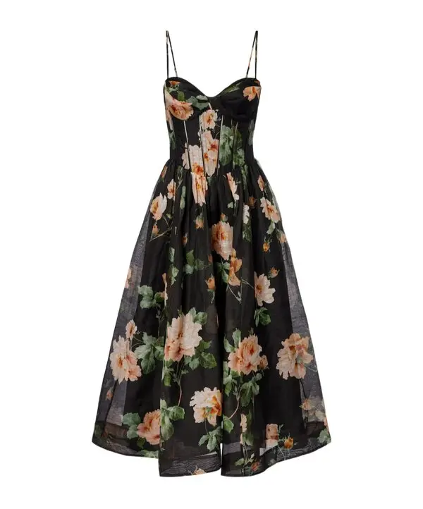 Zimmermann Luna Linen And Silk Organza Bustier Dress - Black