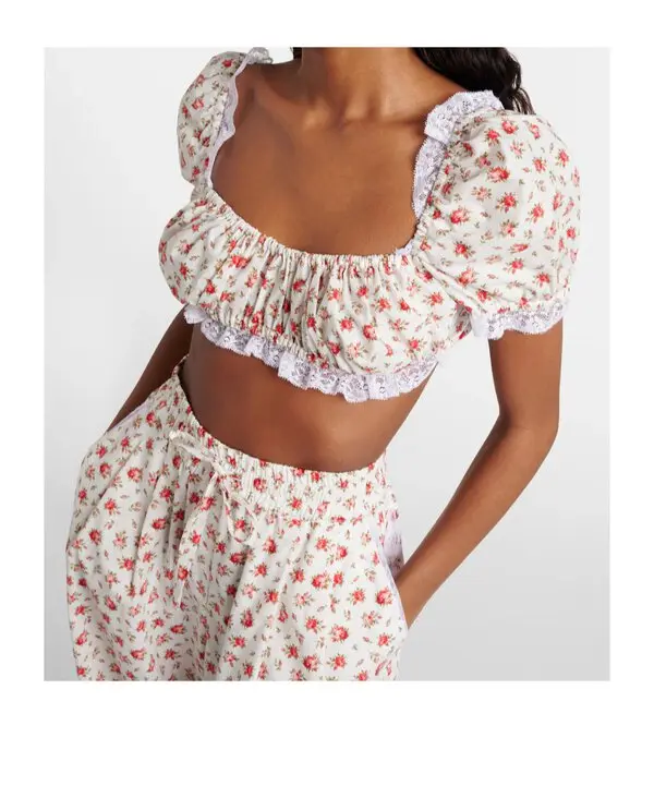 Dolce & Gabbana Floral Lace-trimmed Cotton Poplin Puff Sleeve Crop Top