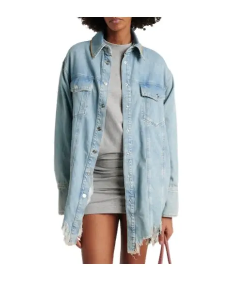 Blumarine Distressed Denim Overshirt With Embroidered Logo
