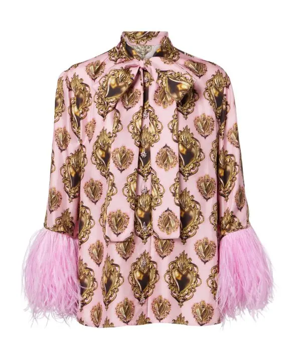 Dolce & Gabbana Feather-trimmed Printed Silk Blouse