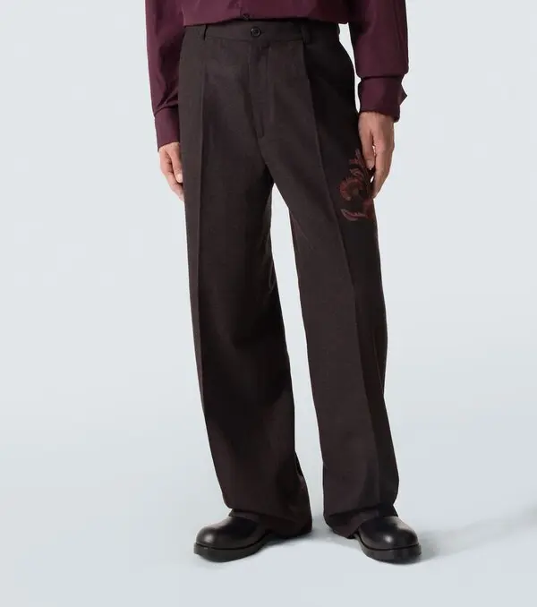 Dries Van Noten Embroidered Wool Wide-leg Pants