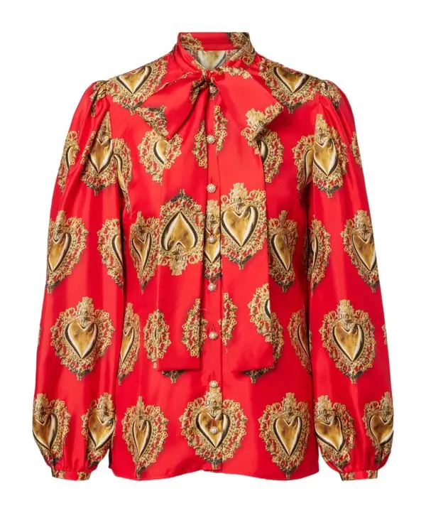 Dolce & Gabbana Printed Tie-neck Silk Blouse