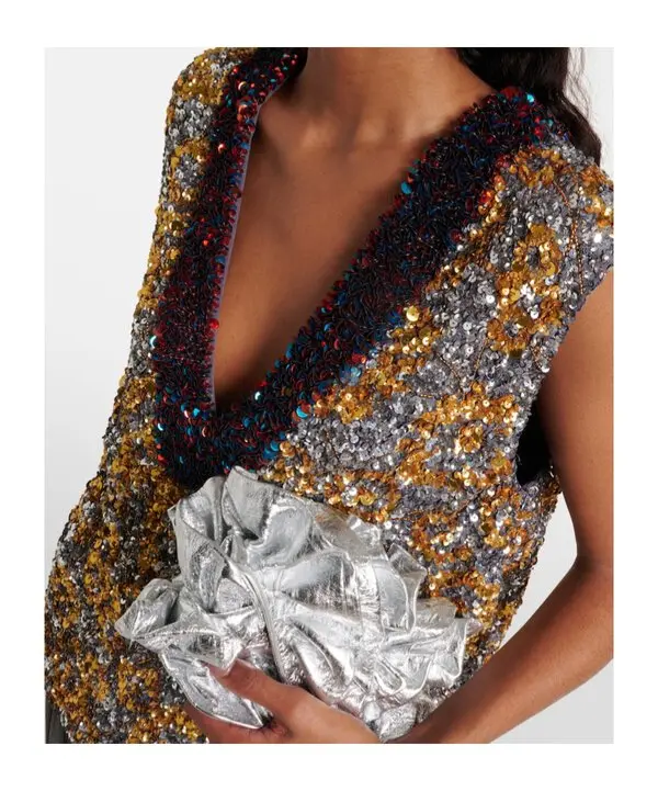 Dries Van Noten Ruffled Metallic Leather Clutch